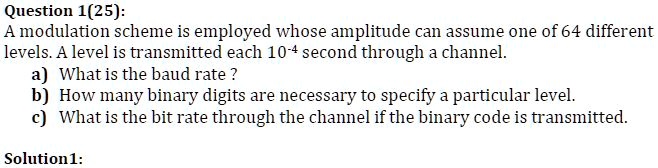 SOLVED: Question 1 (25): A modulation scheme is employed whose amplitude can assume one of 64 ...