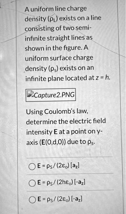 SOLVED: A uniform line charge density (Î») exists on a line consisting of two semi-infinite ...