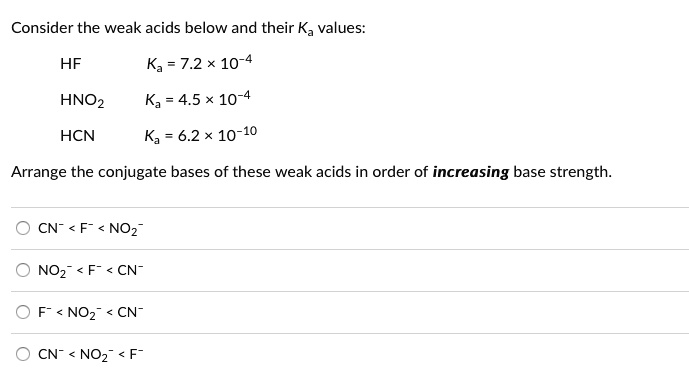 SOLVED: Consider the weak acids below and their Ka values: HF Ka = 7.2 * 10-4 HNO2 Ka = 4.5 * 10 ...