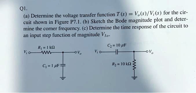 Q1. (a) Determine the voltage transfer function T(s) = Vo(s)/Vi(s) for the circuit shown in ...