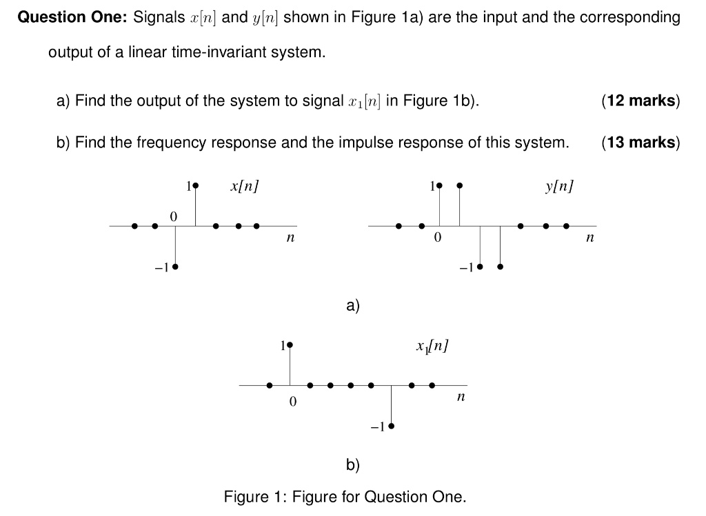 SOLVED: Question One: Signals x[n] and y[n] shown in Figure 1a) are the input and the ...