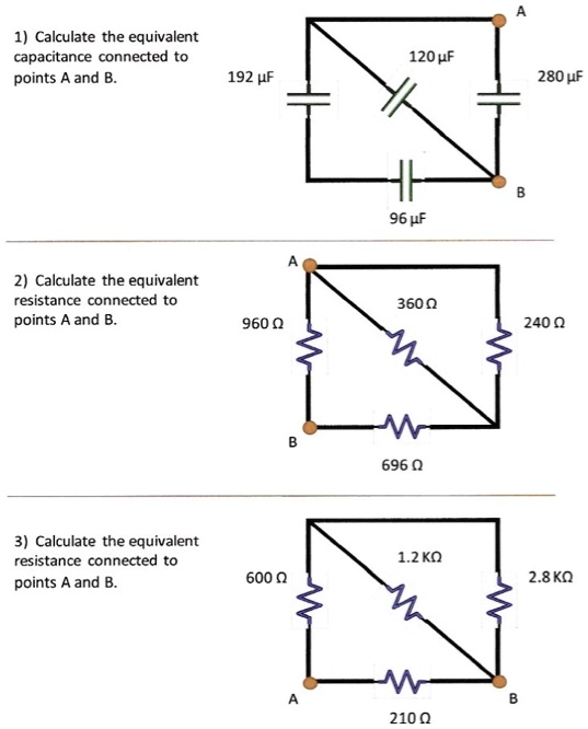 SOLVED: 1) Calculate the equivalent capacitance connected to points and B. 120 pF 192 MF 280 HF ...