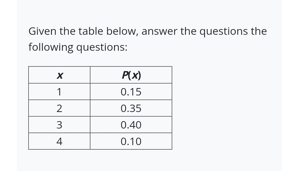 given the table below answer the questions the following questions begintabularcc hline ...