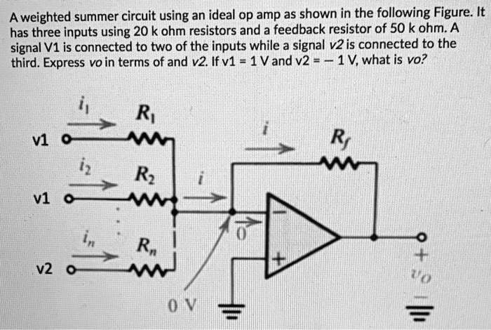 SOLVED: A weighted summer circuit using an ideal op amp as shown in the following Figure has ...