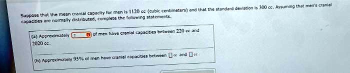 Suppose that the mean cranial capacity for men is 1120 cc (cubic ...