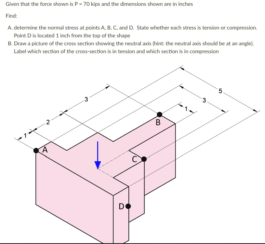 Given that the force shown is P = 70 kips and the dimensions shown are ...