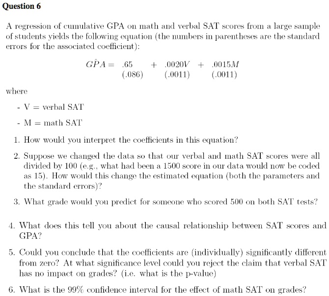 question 6 a regression o guulative gpa oll math al verhal sat scores ...