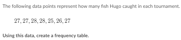 The following data points represent how many fish Hugo caught in each tournament. 27,27,28,28,25 ...