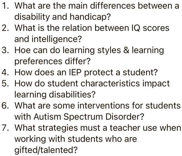 1. What are the main differences between a disability and handicap? 2 ...