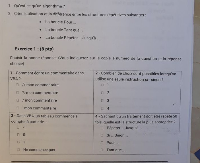 SOLVED: 1. Qu'est-ce qu'un algorithme? 2. Citer l'utilisation et la ...
