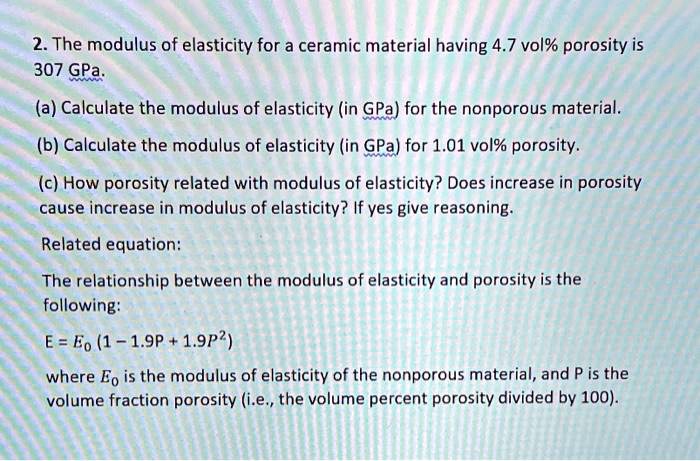 2. The modulus of elasticity for a ceramic material having 4.7 vol% porosity is 307 GPa. (a ...