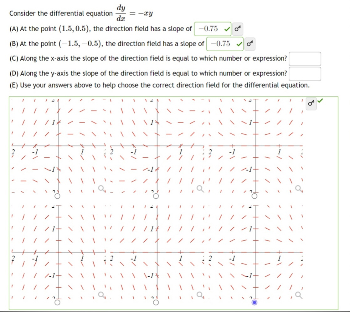 SOLVED: Consider the differential equation (d y)/(d x)=-x y (A) At the ...