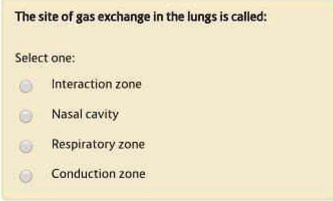 SOLVED: The site of gas exchange in the lungs is called: Select one ...