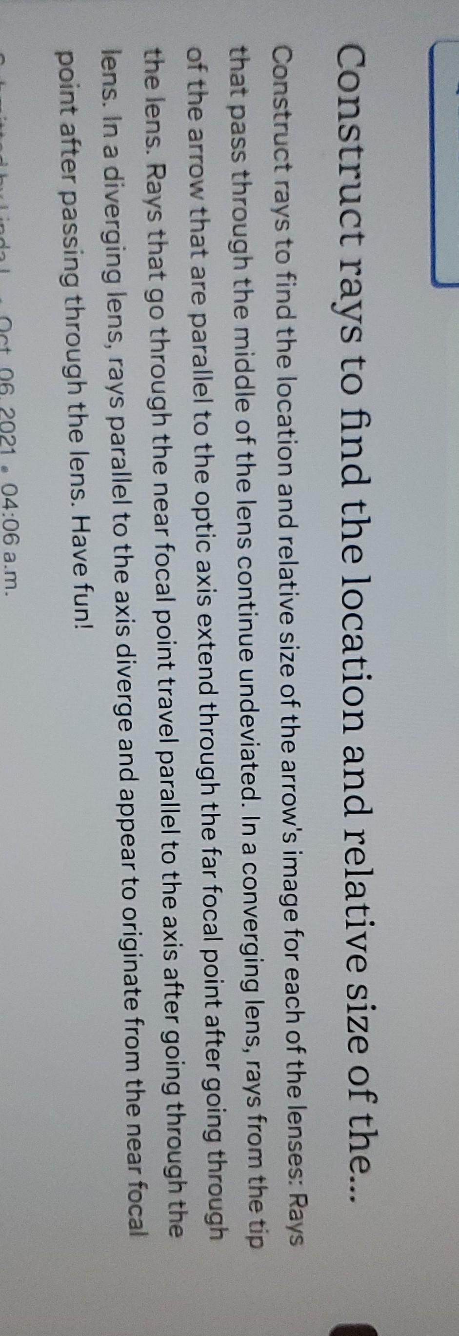 SOLVED: Construct rays to find the location and relative size of the ...