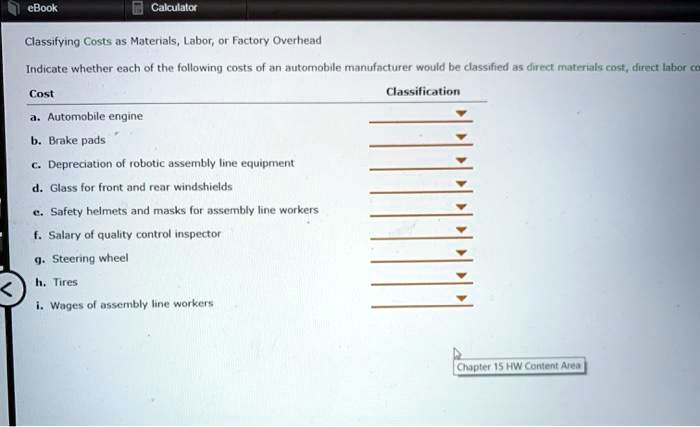 SOLVED: Text: eBook Calculator Classifying Costs as Materials, Labor ...