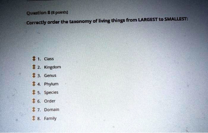 SOLVED:Qucation 8 (8 points} order the taxonomy of living things from LARGEST to SMALLEST ...