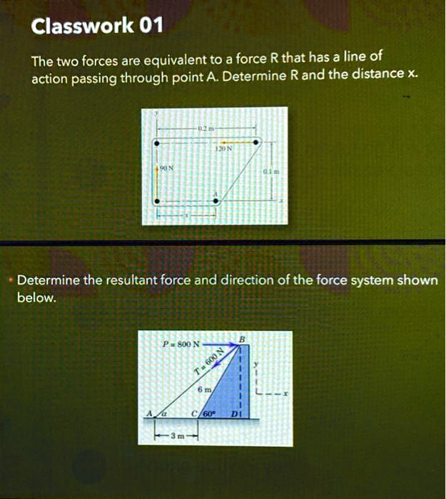 Classwork 01 The two forces are equivalent to a force R that has a line of action passing ...