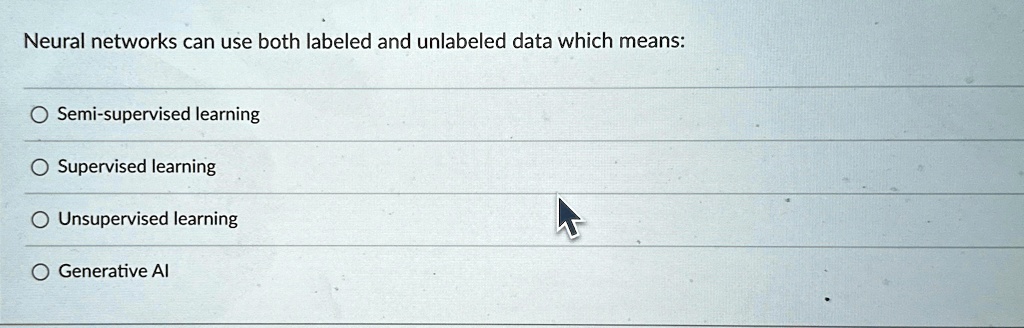Neural networks can use both labeled and unlabeled data which means: Semi-supervised learning ...