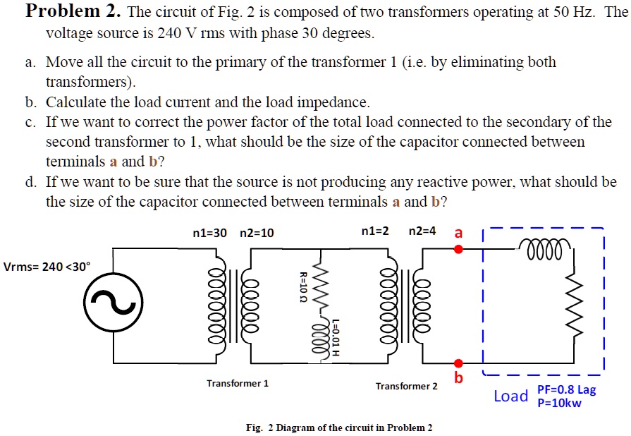 Problem 2. The circuit of Fig. 2 is composed of two transformers operating at 50 Hz. The voltage ...