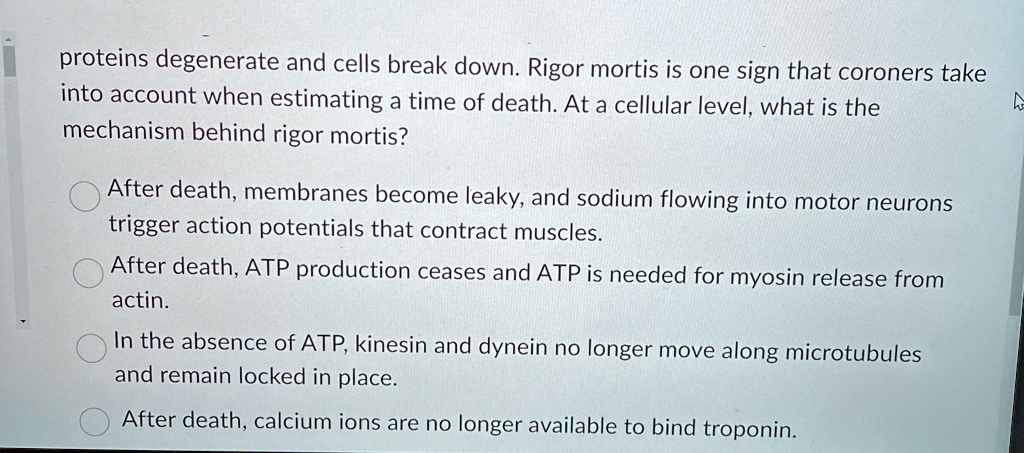 proteins degenerate and cells break down rigor mortis is one sign that ...