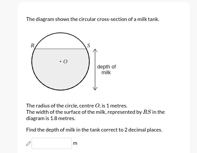 SOLVED: The diagram shows the circular cross-section of a milk tank ...