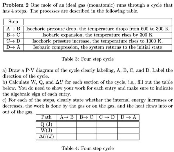 SOLVED: Problem 2 One mole of an ideal gas (monatomic) TMS through cycle that has steps. The ...