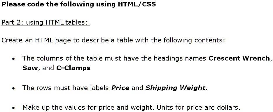 Solved Piease Code The Following Using Htmlcss Part 2 Using Htmltables Create An Html Page