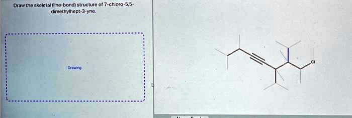 Draw the skeletal (line-bond) structure of 7-chloro-5,5-dimethylhept-3-yne