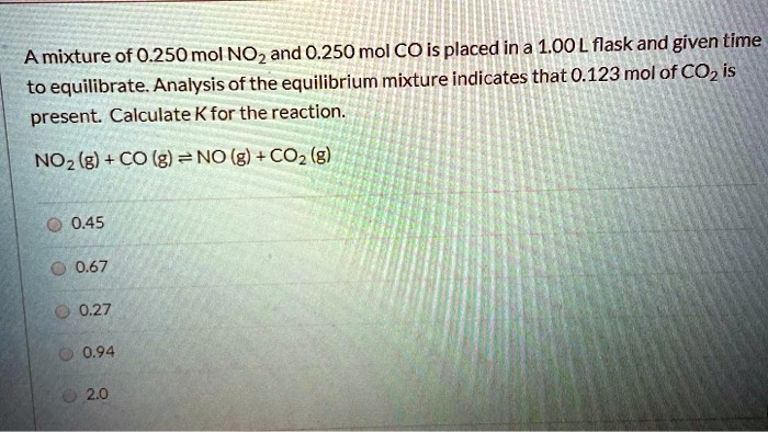 a mixture of 0250mol no2 and e 0250 mol co is placed in a 100l flask ...