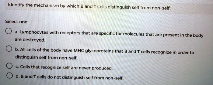 identify the mechanism by which b and cells distinguish self from non self select one a ...