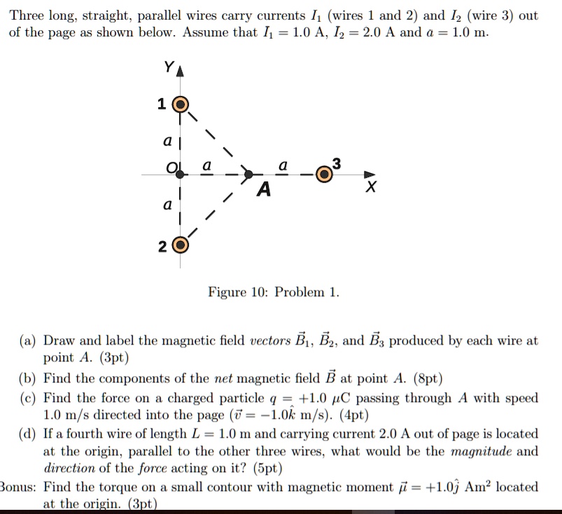 SOLVED:Three long: straight, parallel wires carry currents I (wires 1 and 2) and Iz (wire 3) out ...