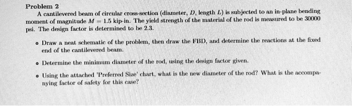 SOLVED: Problem 2: A cantilevered beam of circular cross-section (diameter, D, length L) is ...