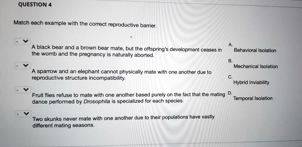 SOLVED: QUESTION 4 Match each example with the correct reproductive ...