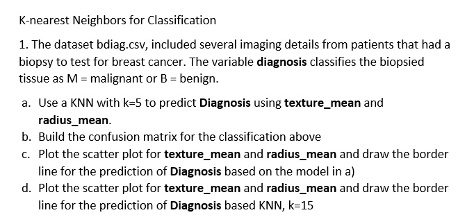 K-nearest Neighbors for Classification 1. The dataset bdiag.csv ...