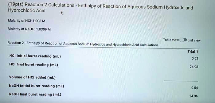 SOLVED: Reaction 2 Calculations - Enthalpy of Reaction of Aqueous Sodium Hydroxide and ...