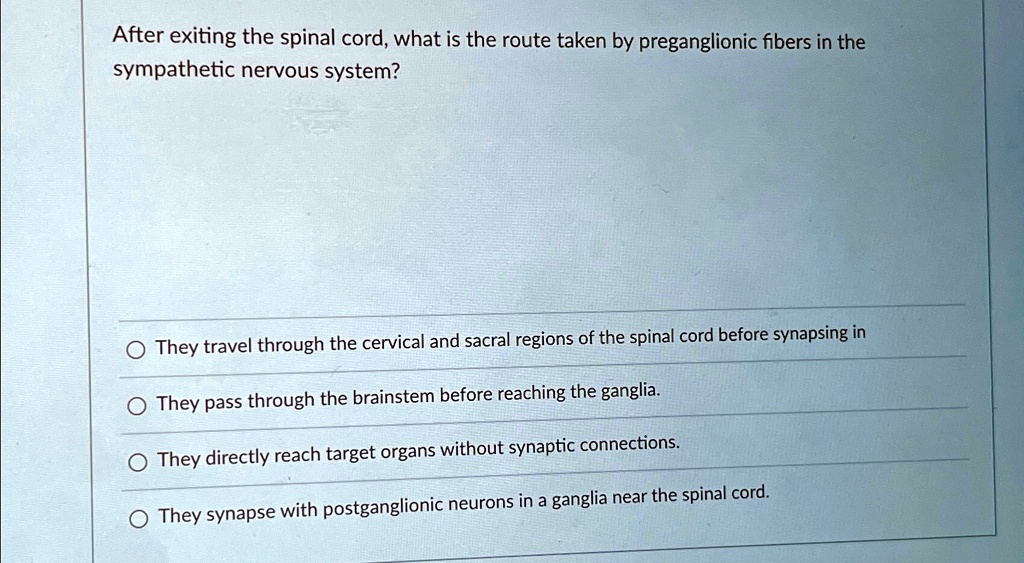 After exiting the spinal cord, what is the route taken by preganglionic ...