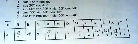 SOLVED: tan 458 608 30" scc 458 sin 60* cos 30? 30" cor tan 30" sin 60 ...