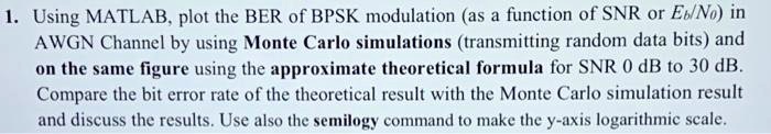 1using matlabplot the ber of bpsk modulation as a function of snr or ebno in awgn channel by ...