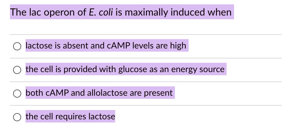 SOLVED: The lac operon of E coli is maximally induced when lactose is absent and cAMP levels are ...