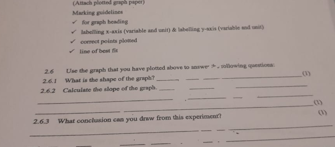 (Attach plotted graph paper) Marking guidelines for graph heading labelling x-axis (variable and ...