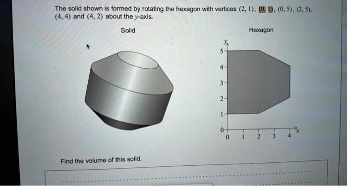 The solid shown is formed by rotating the hexagon with vertices (2, 1 ...