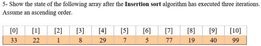 Video Solution 5 Show The State Of The Following Array After The Insertion Sort Algorithm Has 
