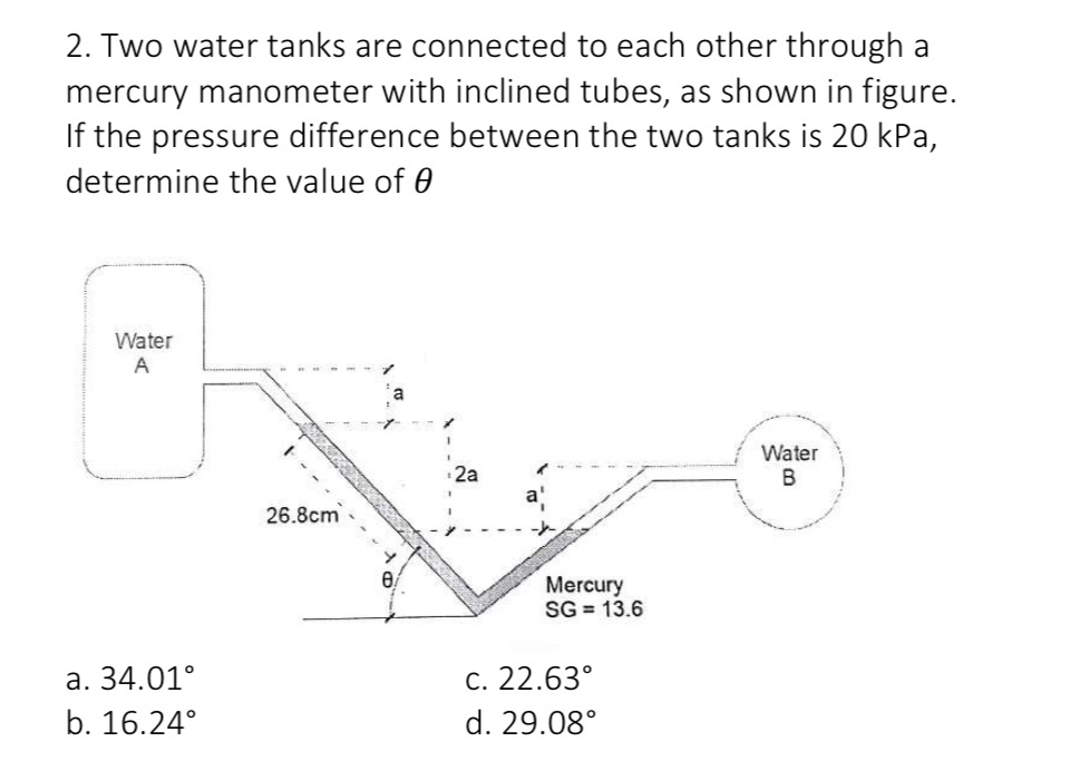 2. Two water tanks are connected to each other through a mercury manometer with inclined tubes ...