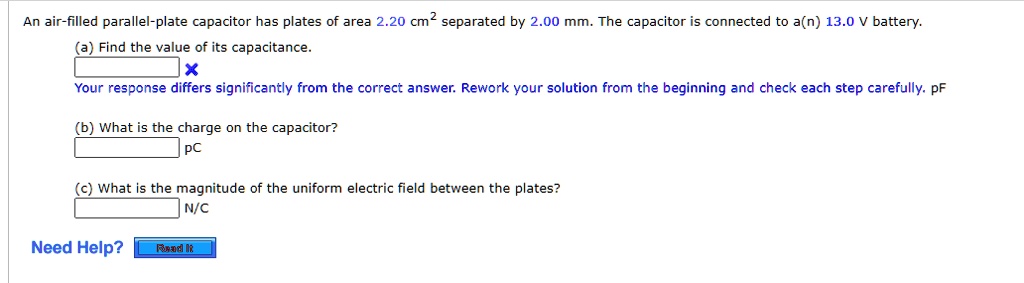 SOLVED: An air-filled parallel-plate capacitor has plates of area 2.20 ...