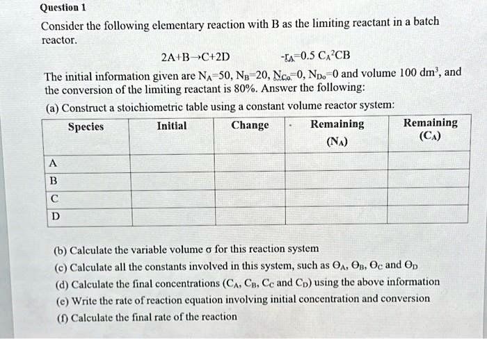 SOLVED: Texts: Question 1 Consider the following elementary reaction with B as the limiting ...