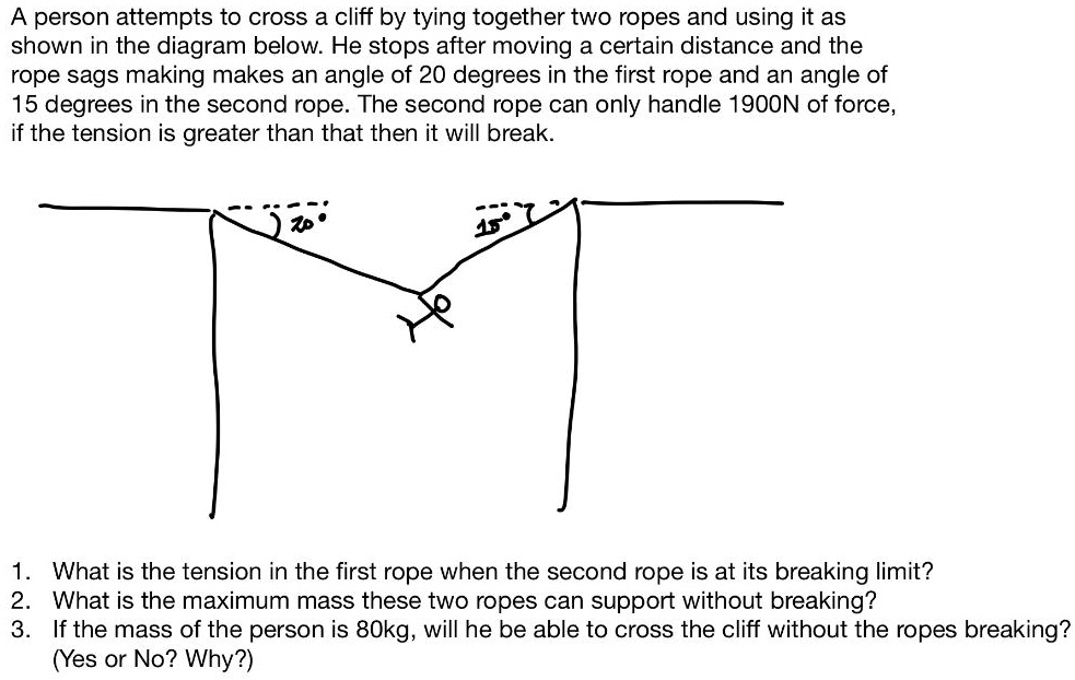 SOLVED: A person attempts to cross a cliff by tying together two ropes ...