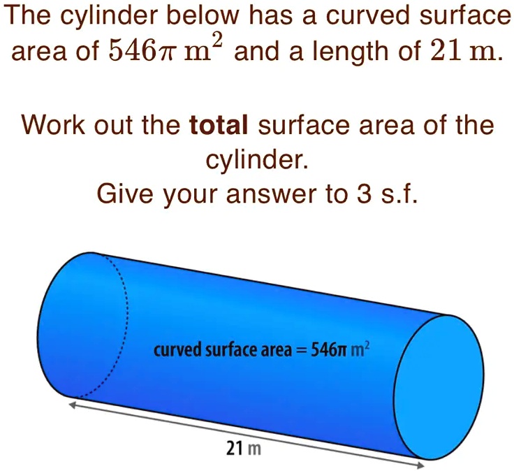 The cylinder below has a curved surface area of 546π m^2 and a length ...
