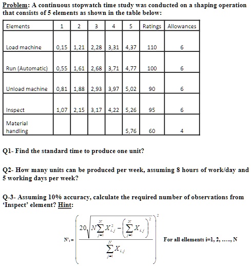 SOLVED: Problem: A continuous stopwatch time study was conducted that ...