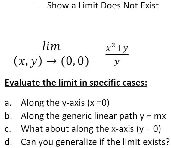 SOLVED: Show that a Limit Does Not Exist lim (x,y)â†’(0,0) y Evaluate the limit in specific ...