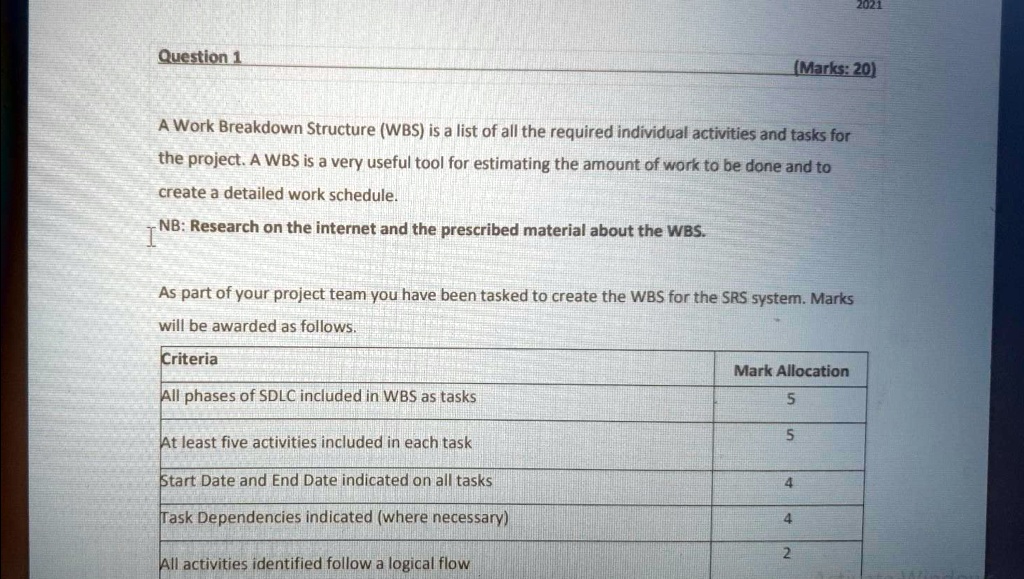 SOLVED: Question 1 [Marks:20) A Work Breakdown Structure (WBS) is a ...
